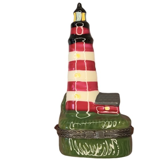 Vintage | Accents | Lighthouse Trinket Box Red White Green Porcelain ...